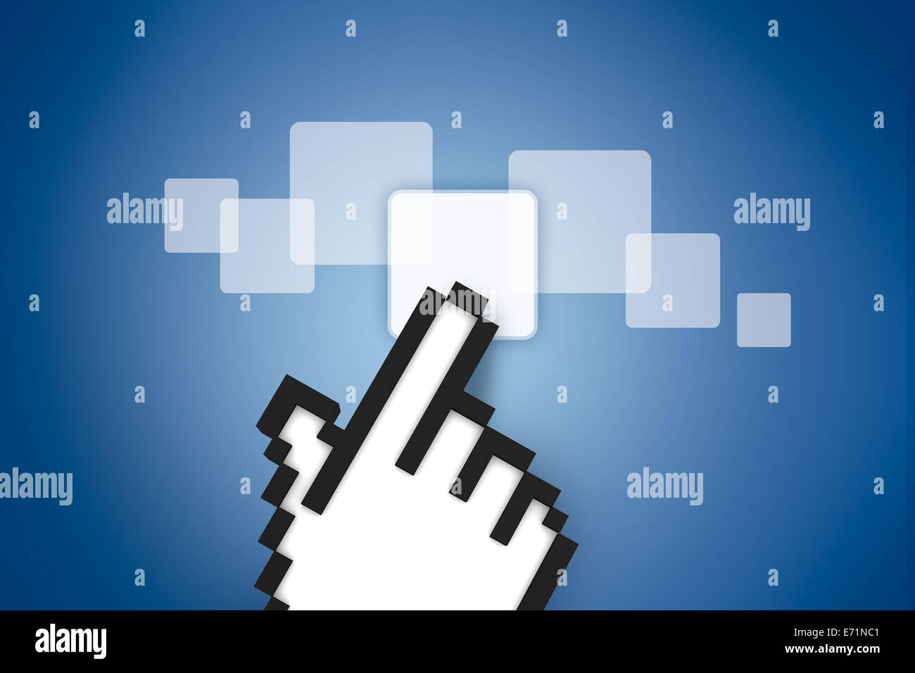 Computer mouse hand cursor symbol clicking digital buttons on blue ...