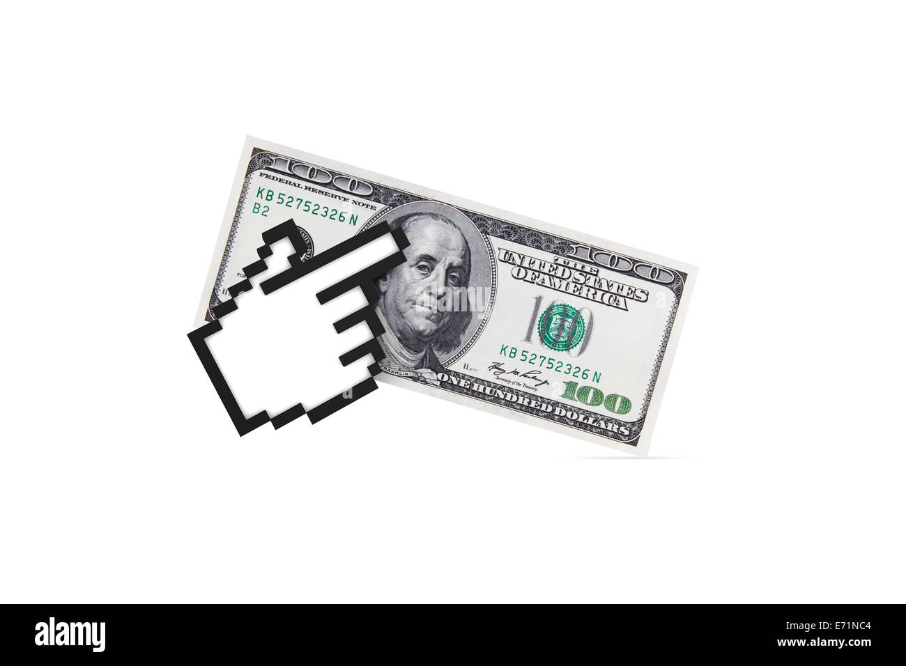 Finance concept, computer mouse hand cursor symbol on one hundred ...