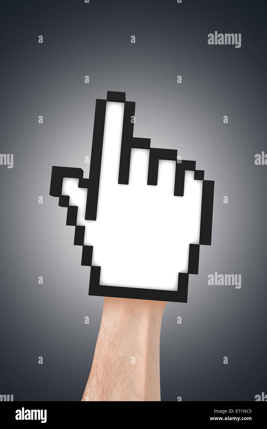 Computer mouse hand cursor on real human on dark background Stock Photo ...