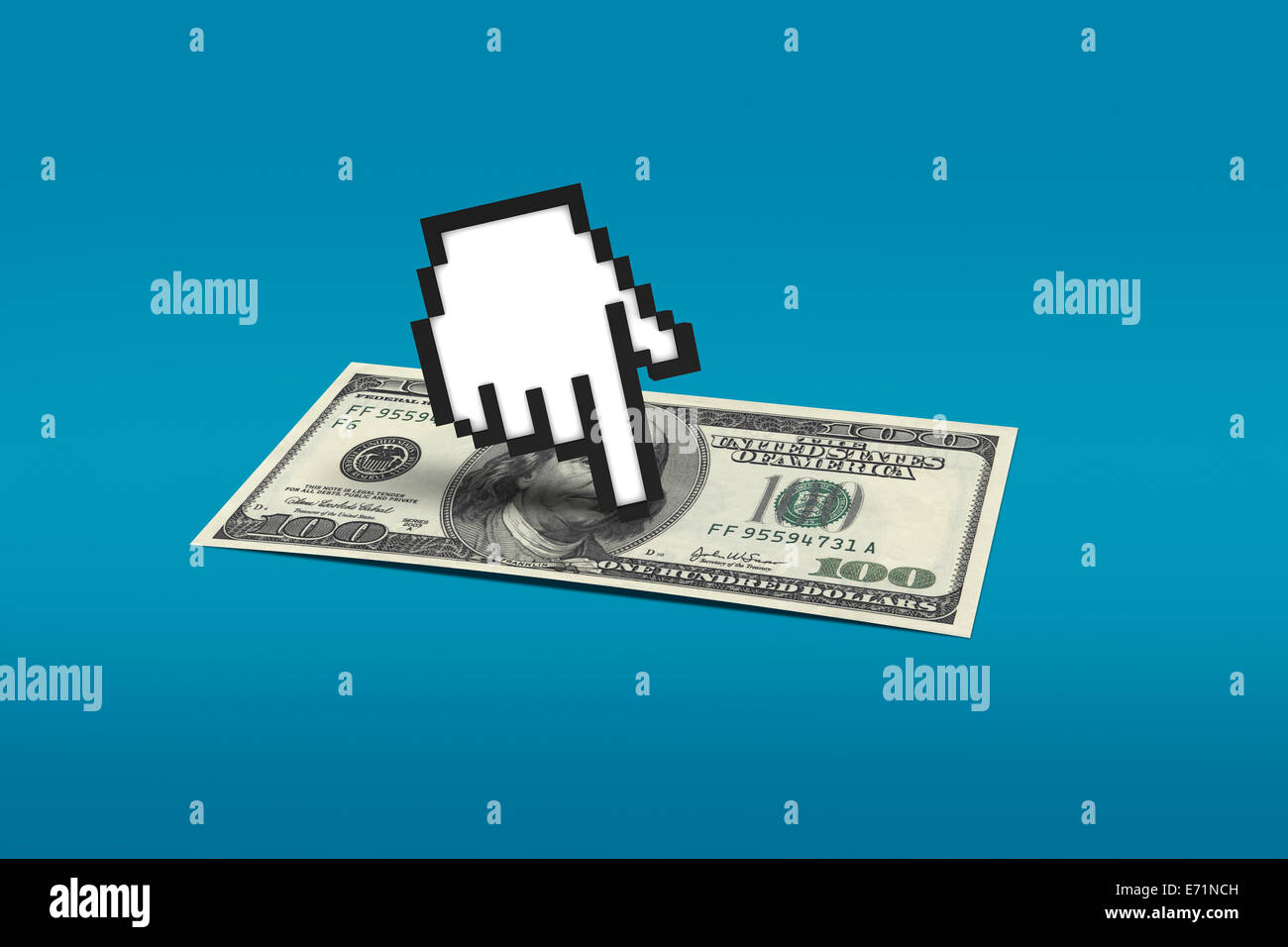 Computer mouse hand cursor icon pointing one hundred dollar banknote on ...