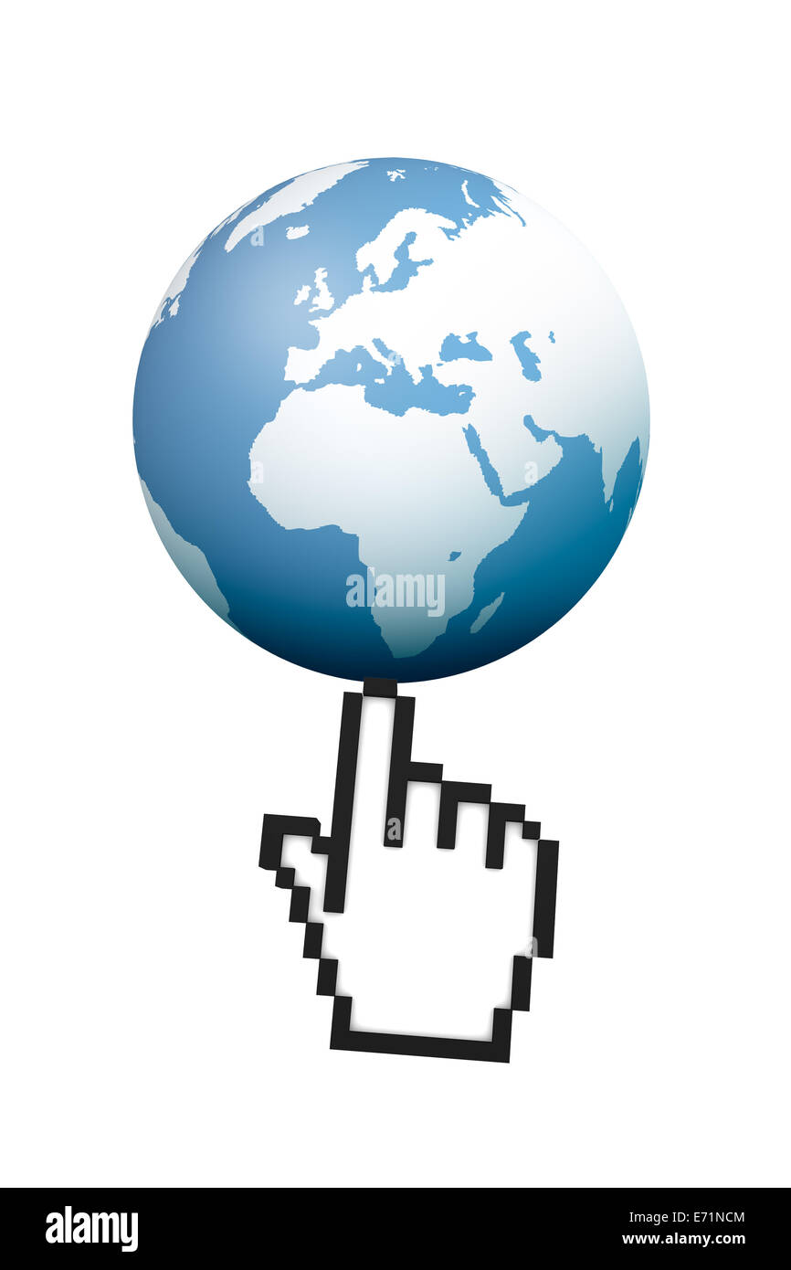 Computer mouse hand cursor symbol pointing earth map globe, isolated on ...