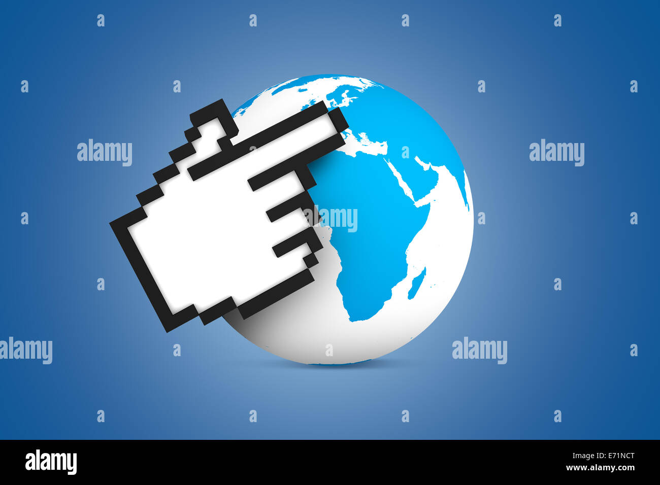 Computer mouse hand cursor symbol pointing earth map globe on blue ...