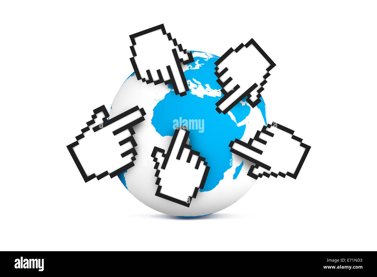Computer mouse hand cursor symbols pointing earth map globe, isolated ...
