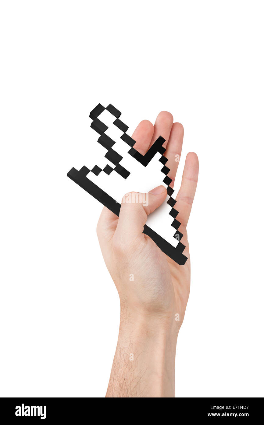 Hand holding computer mouse arrow cursor symbol, isolated on white ...