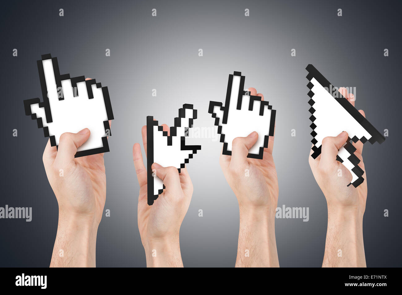 Group of hands holding computer mouse hand and arrow cursor symbols ...