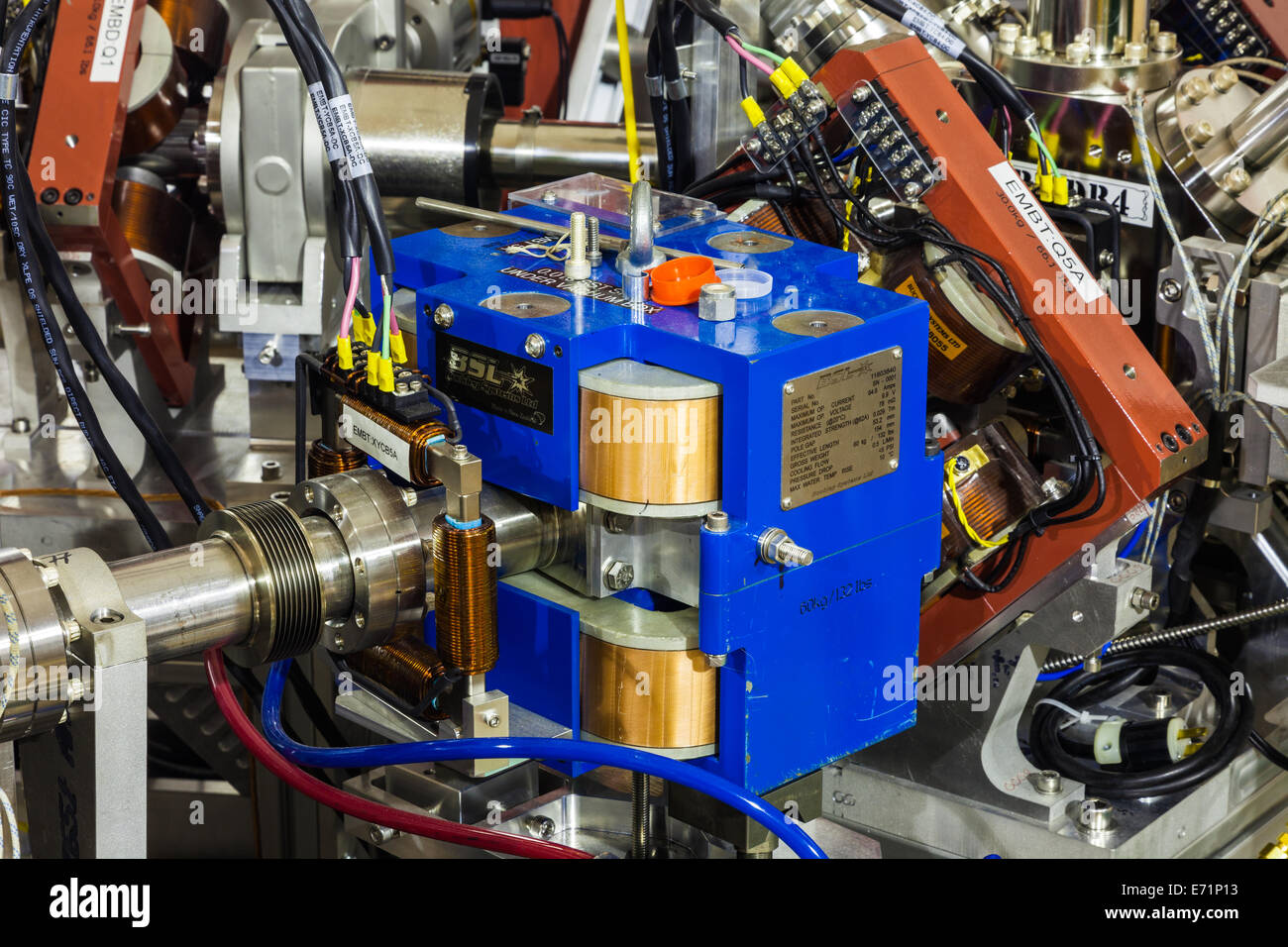 Steering coils, a blue bending magnet and a quadrupole magnet on an ...