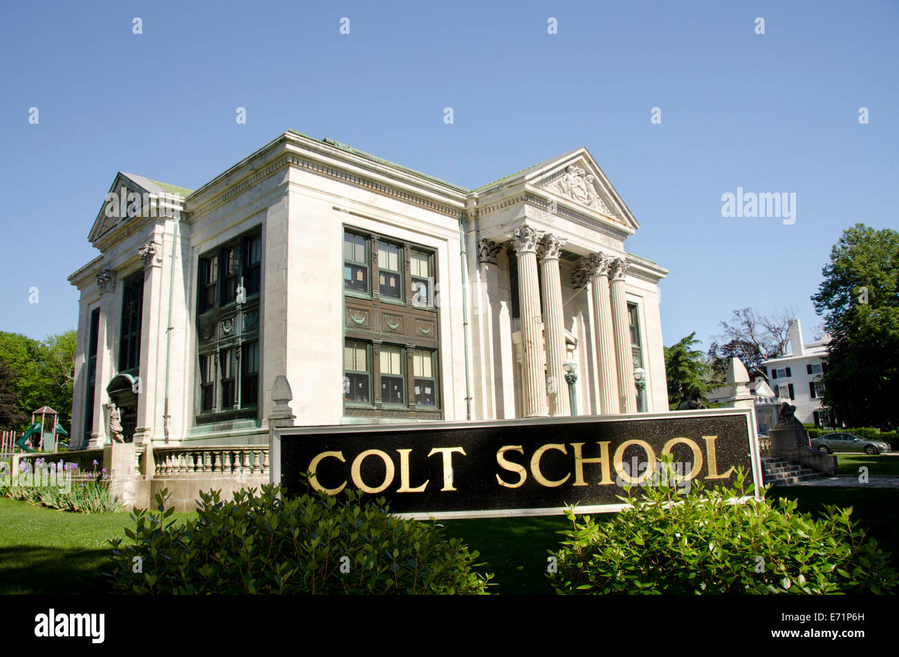 USA, New England, Rhode Island, Bristol. Historic Colt Memorial School ...