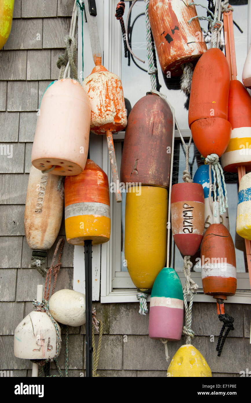 USA, Rhode Island, Block Island. Collection of colorful fishing buoys ...