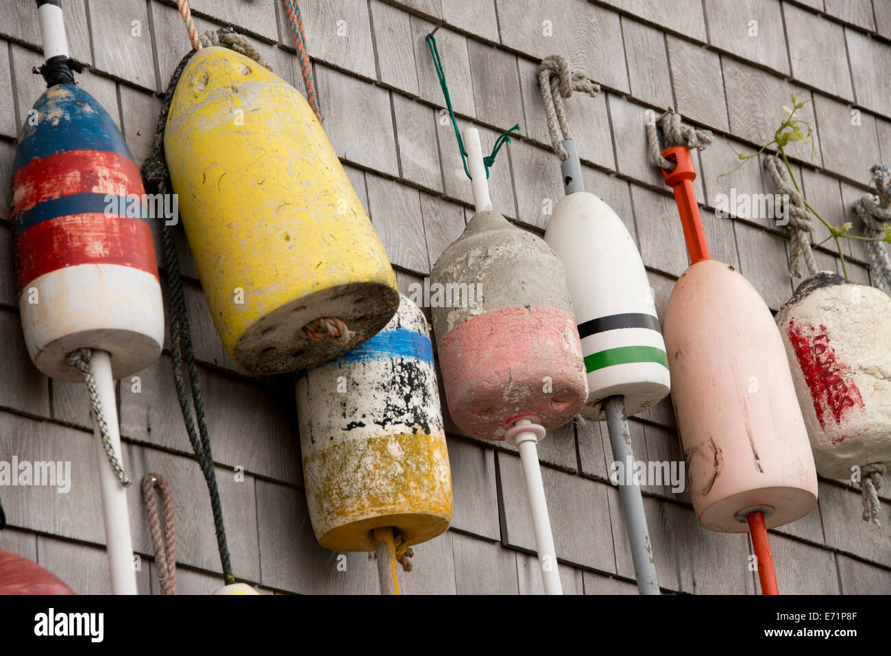 USA, Rhode Island, Block Island. Collection of colorful fishing buoys ...