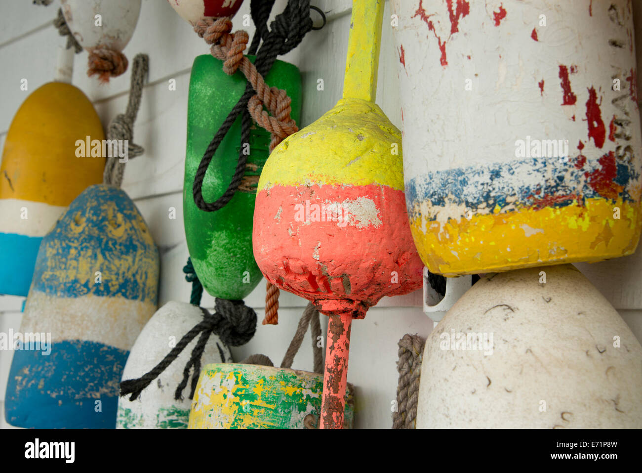 USA, Rhode Island, Block Island. Collection of colorful fishing buoys ...