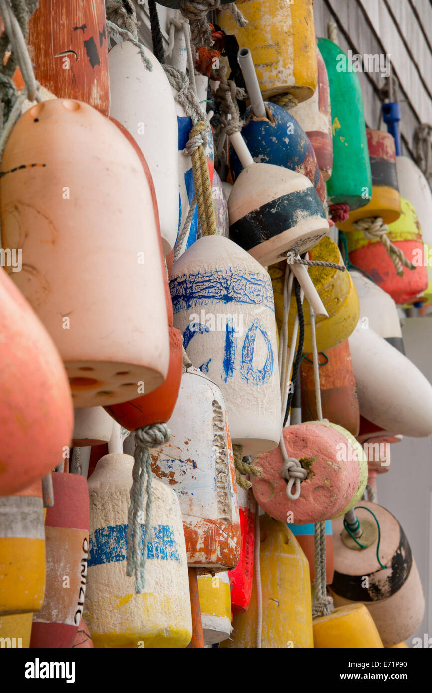 USA, Rhode Island, Block Island. Collection of colorful fishing buoys ...