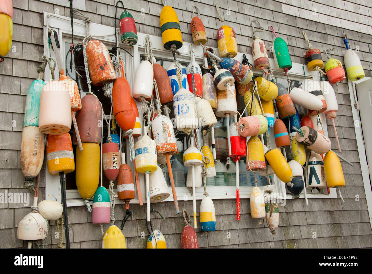 USA, Rhode Island, Block Island. Collection of colorful fishing buoys ...