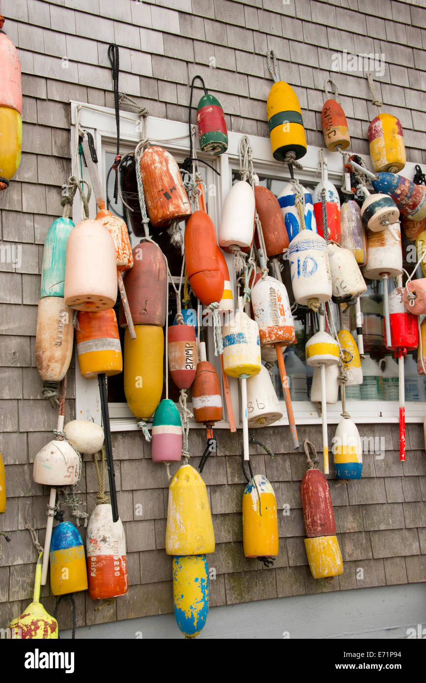 USA, Rhode Island, Block Island. Collection of colorful fishing buoys ...