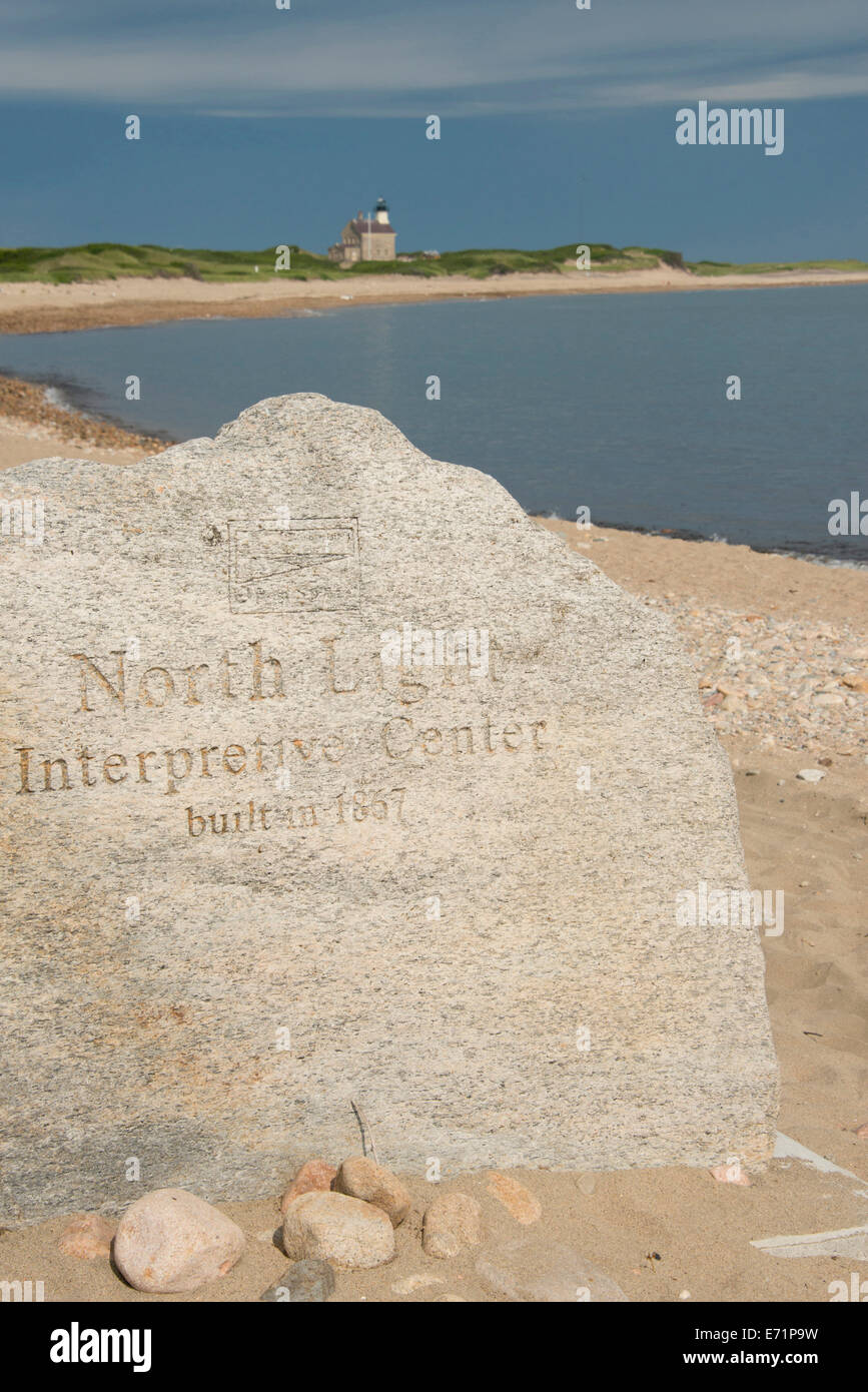 USA, Rhode Island, Block Island, Sandy Point. Engraved stone sign with ...