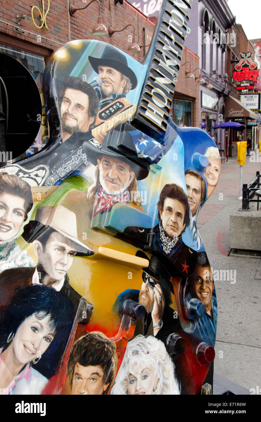 USA, Tennessee, Nashville. Painted guitar with famous Country singers ...