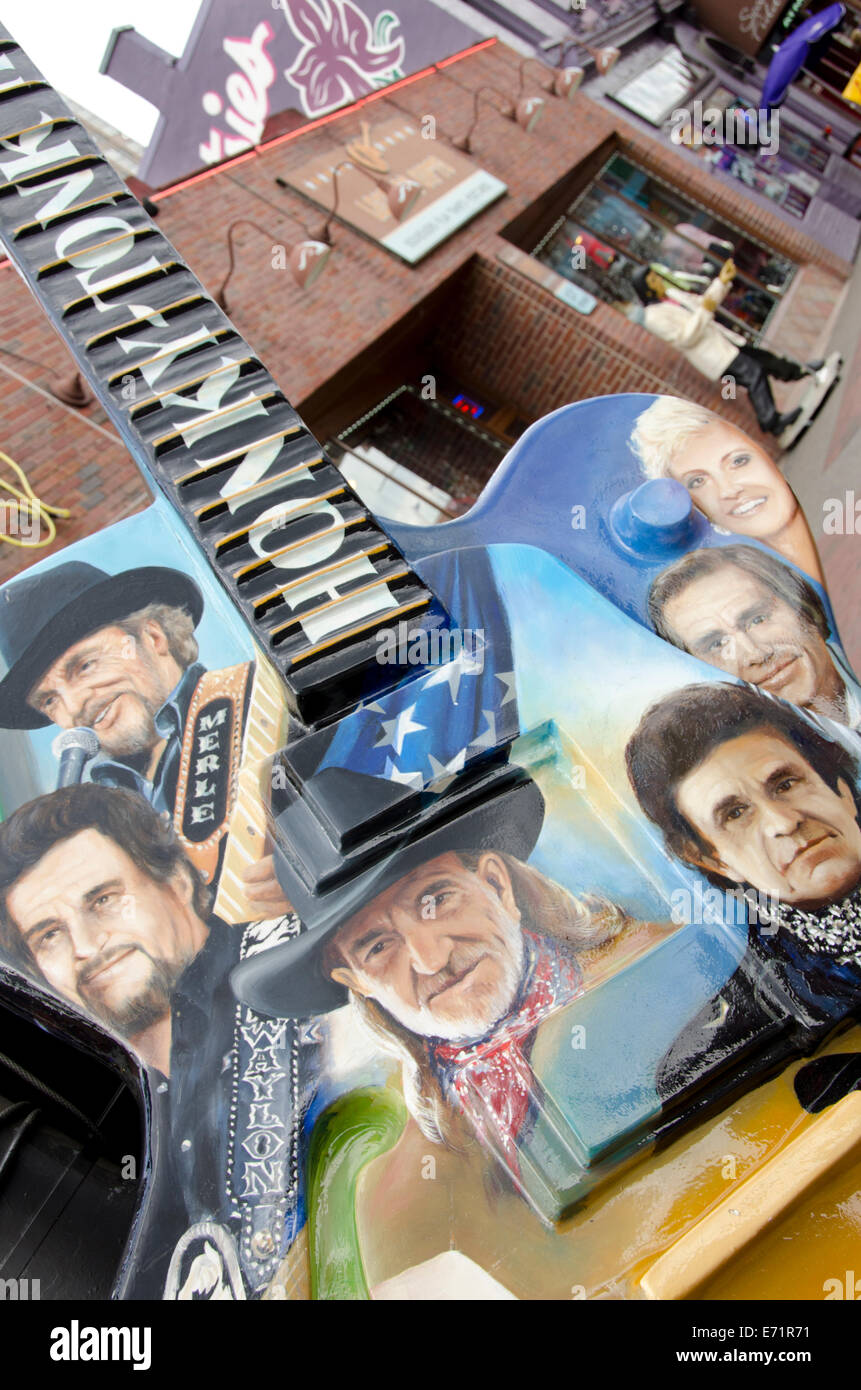 USA, Tennessee, Nashville. Painted guitar with famous Country singers ...