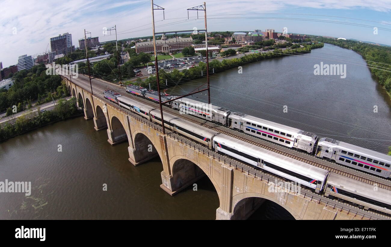 Aerial image of trains crossing the Northeast Corridor Railroad Bridge ...