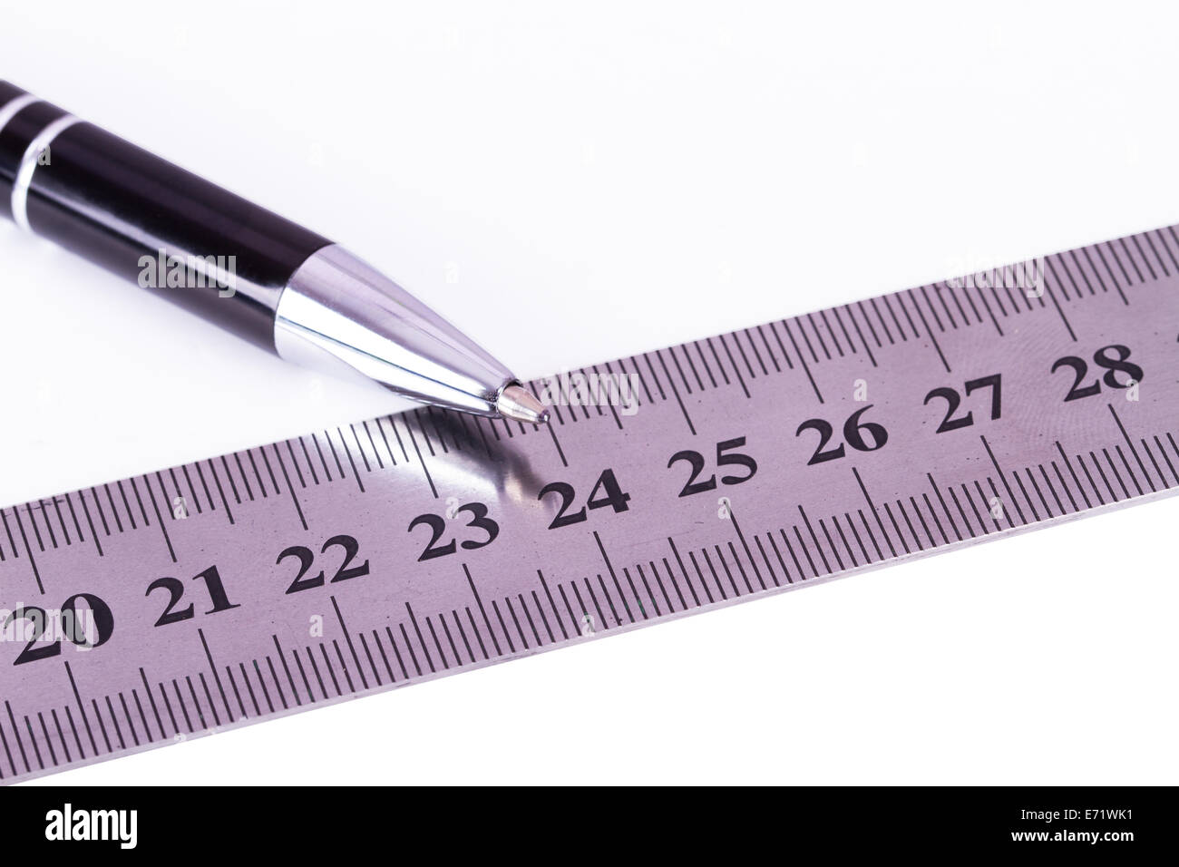 Close up view of pen and steel ruler for engineering drawing, isolated ...