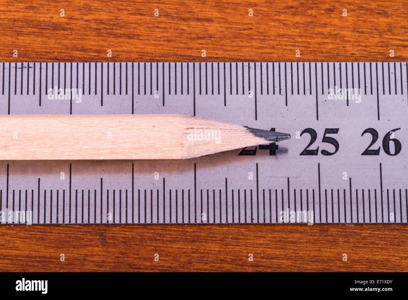 Close up view of wood pencil and steel ruler for engineering drawing on ...