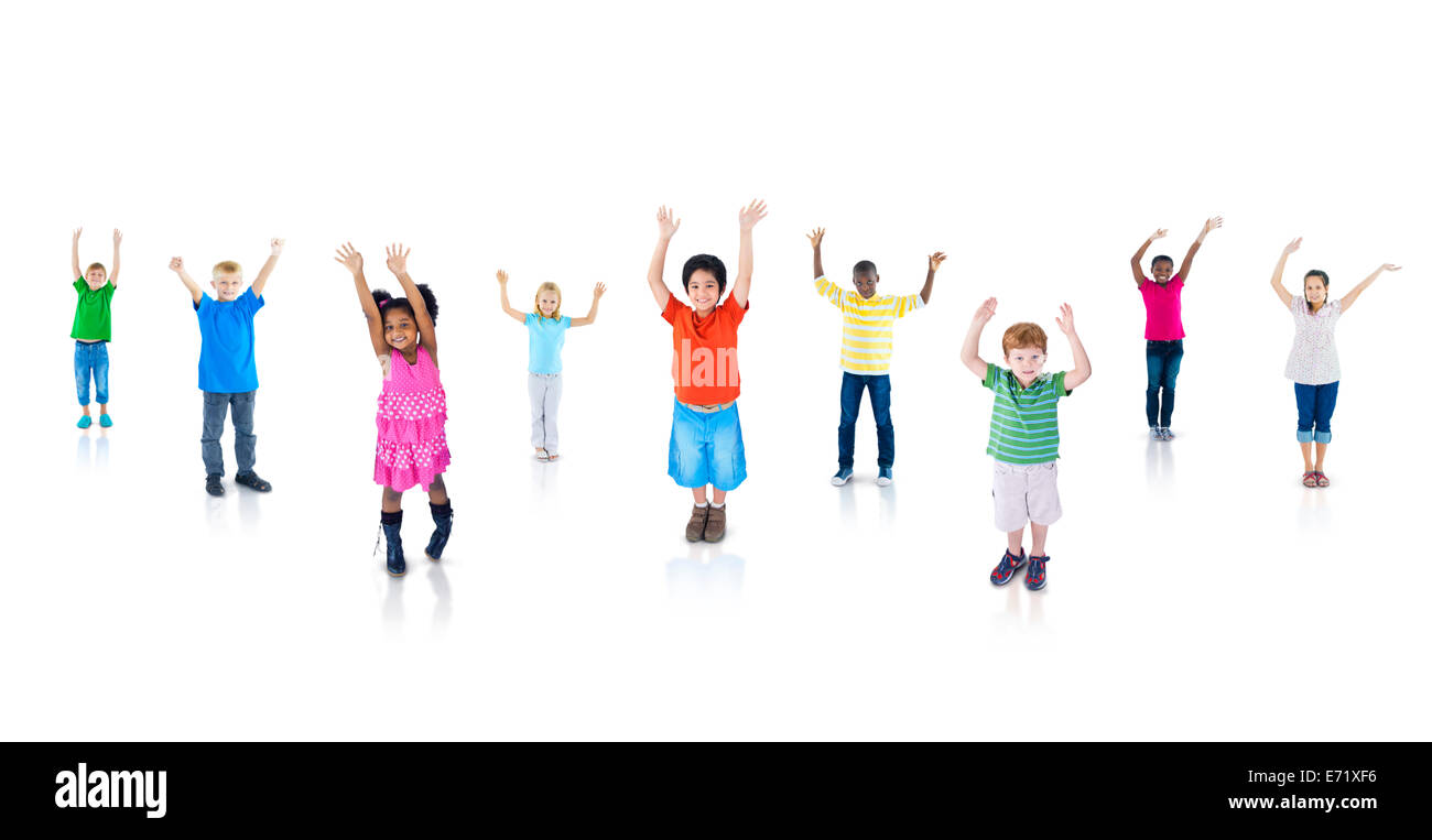 Multi-Ethnic Children with Their Arms Raised Stock Photo - Alamy