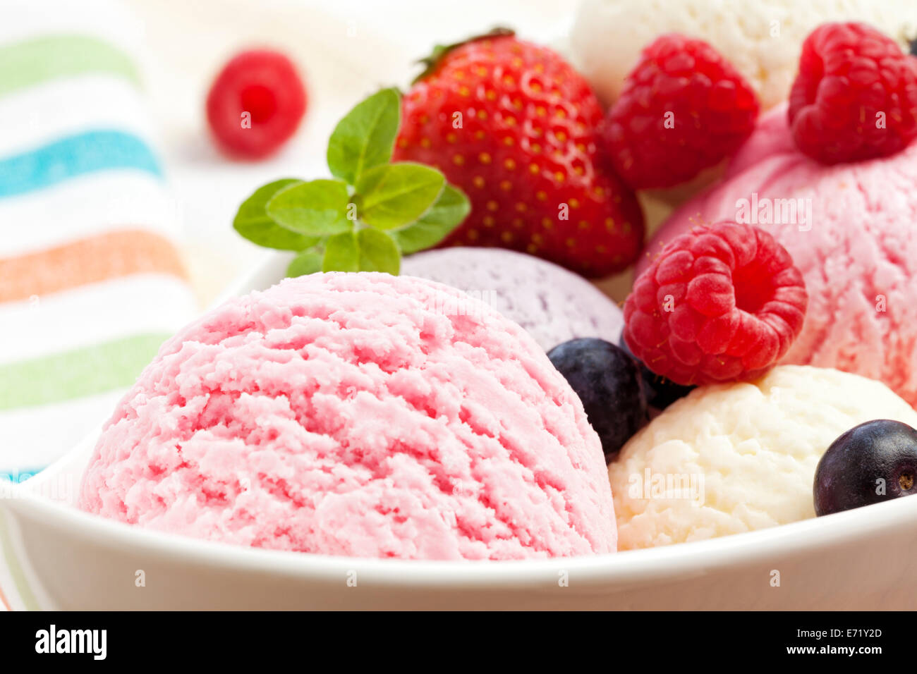 Mixed ice cream scoops and berry fruits closeup Stock Photo - Alamy