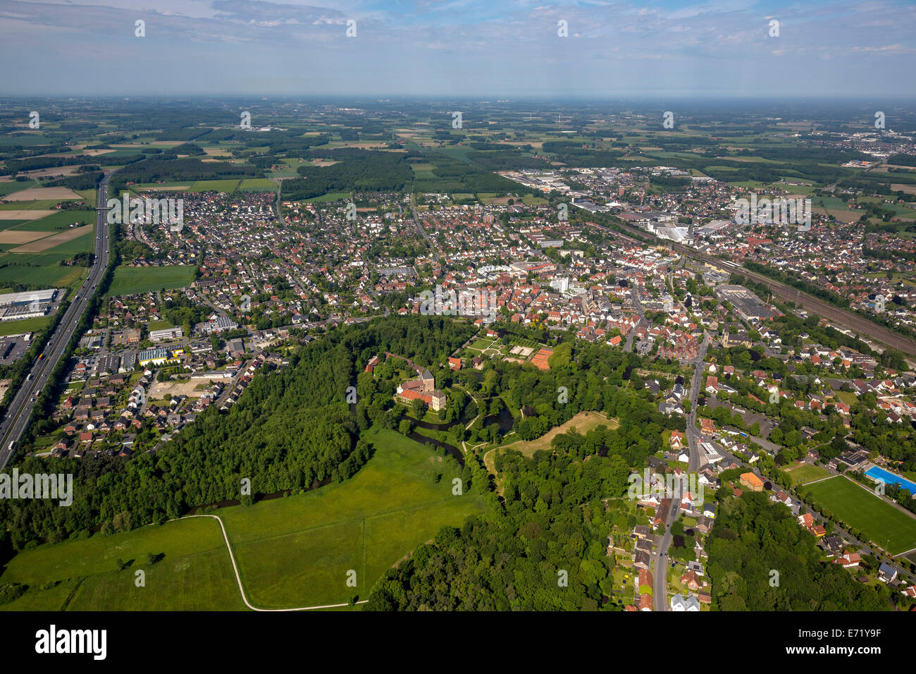Aerial view, view of the city with Schloss Rheda Castle, moated castle ...
