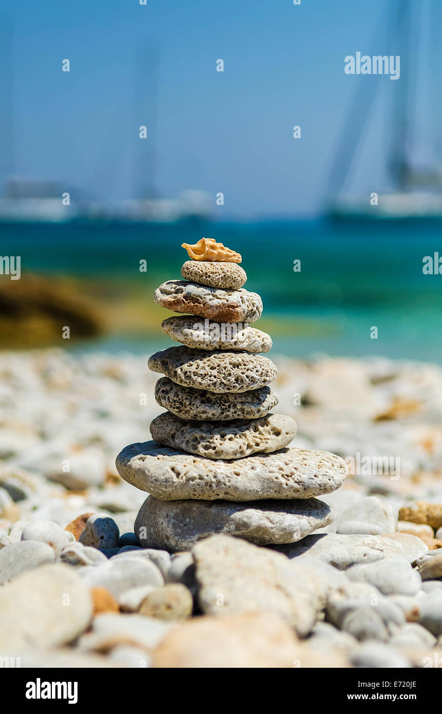Pebbles and shell,in the beach of Koutsomyti island near Astypalaia ...