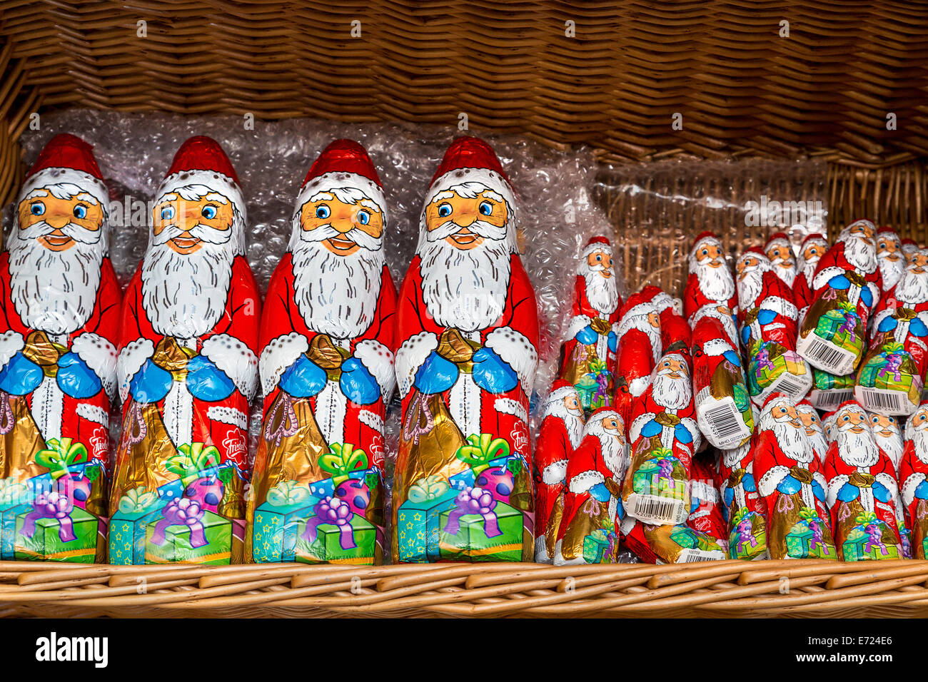 Chocolate Father Christmas on display in sweet shop, Norfolk, UK Stock ...