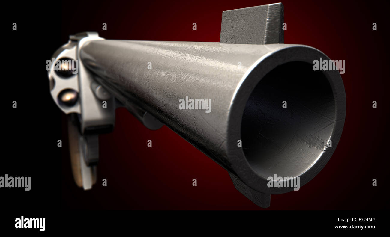 A extreme close up perspective view of a barrel of a metal pistol gun ...