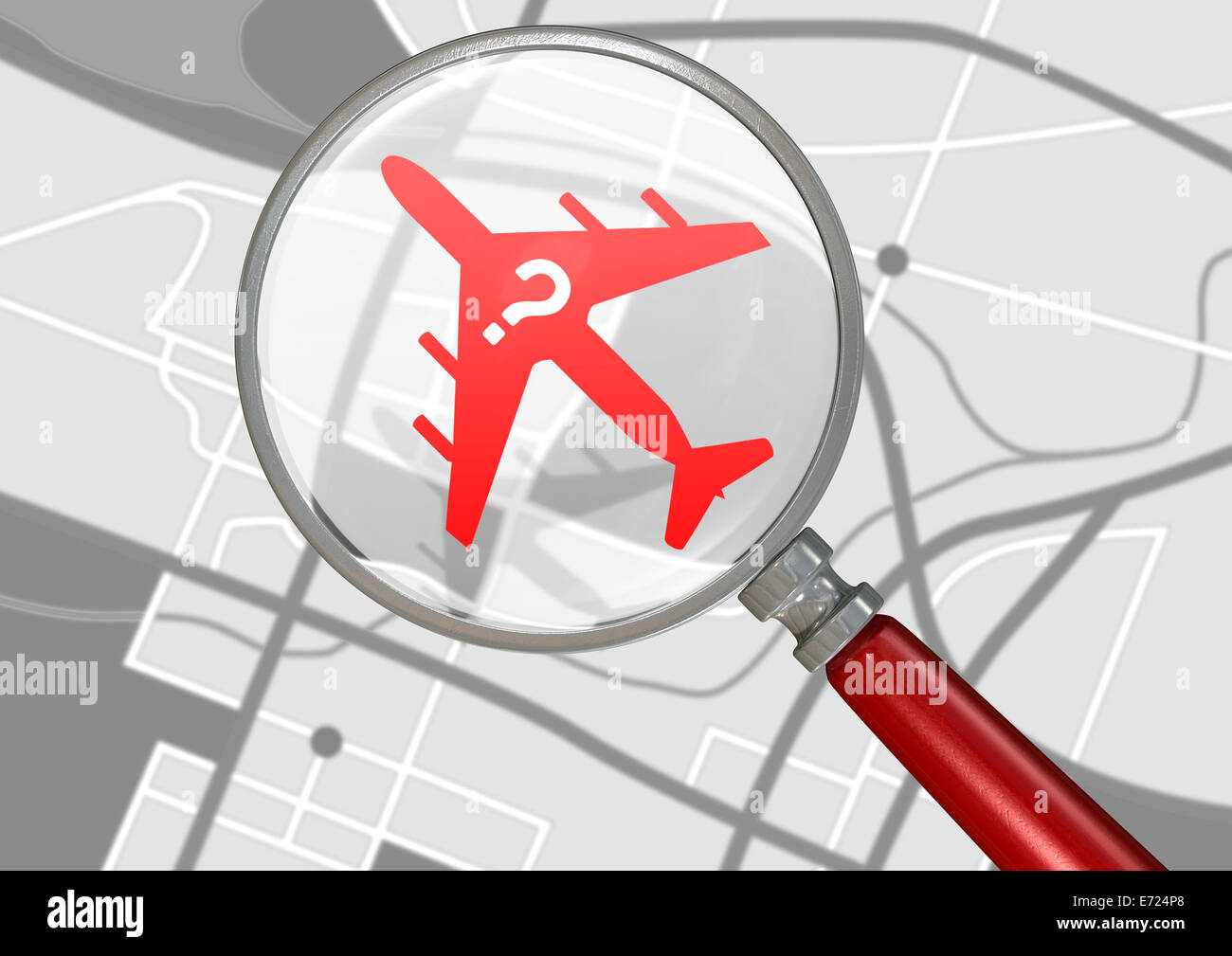 A silhouette of a plane with a question mark flying above a gps type ...