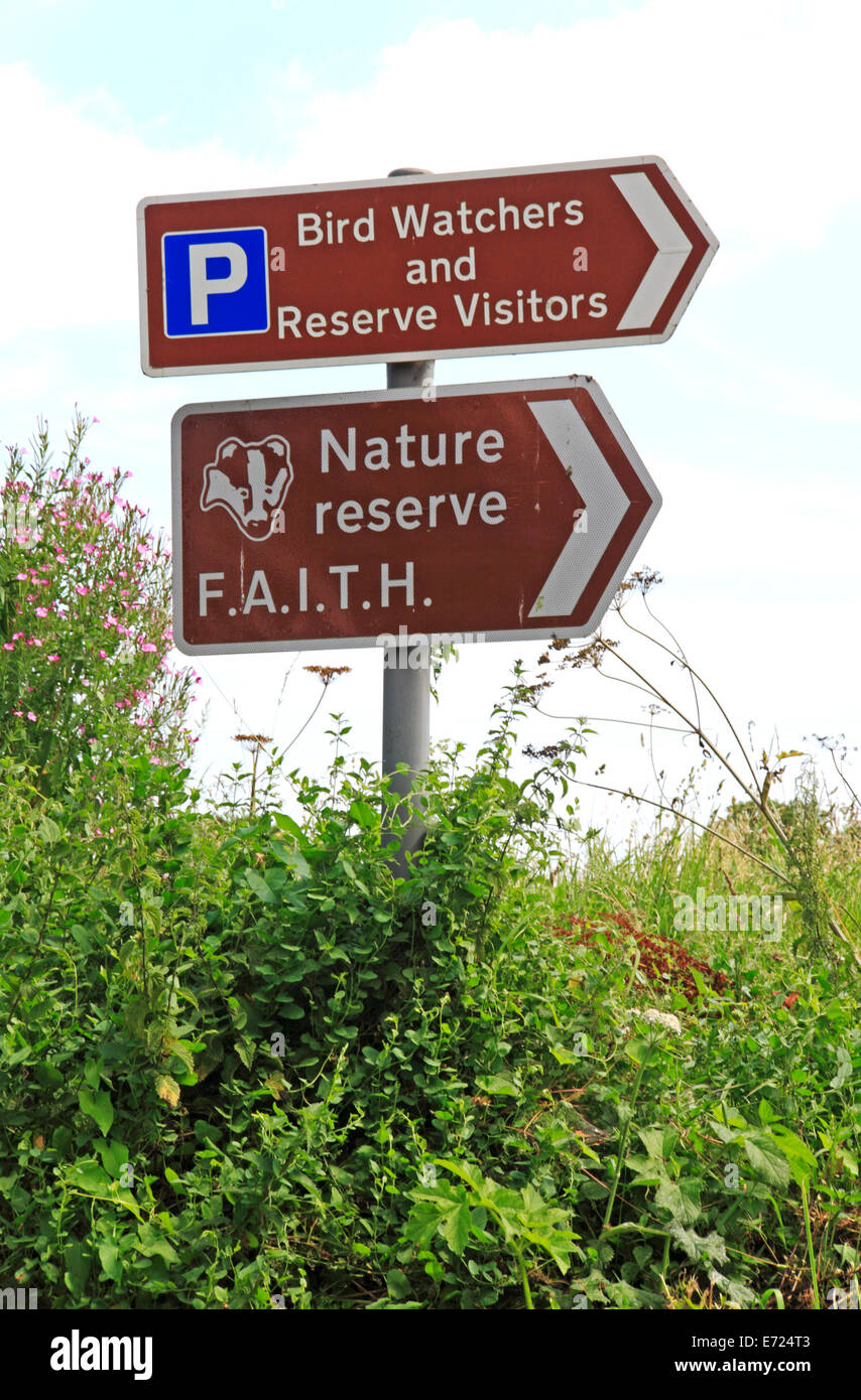 Signs to Nature Reserve car park and animal welfare centre at Hickling ...