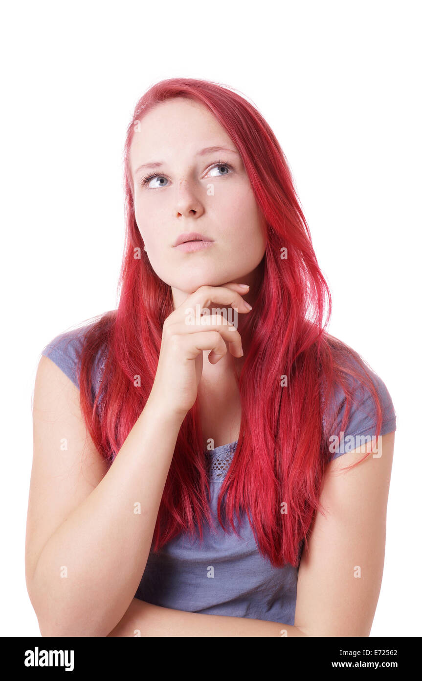 young woman looking up thinking Stock Photo - Alamy