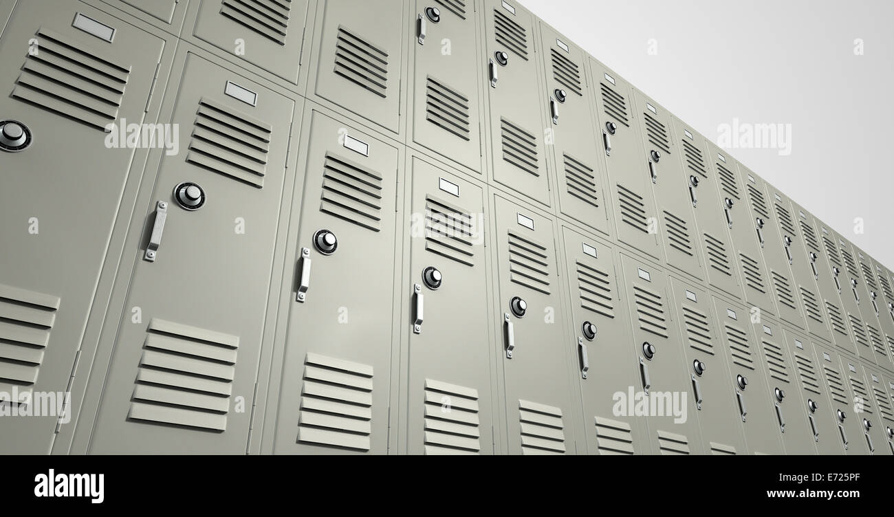 A perspective view of a stack of metal school lockers with combination ...