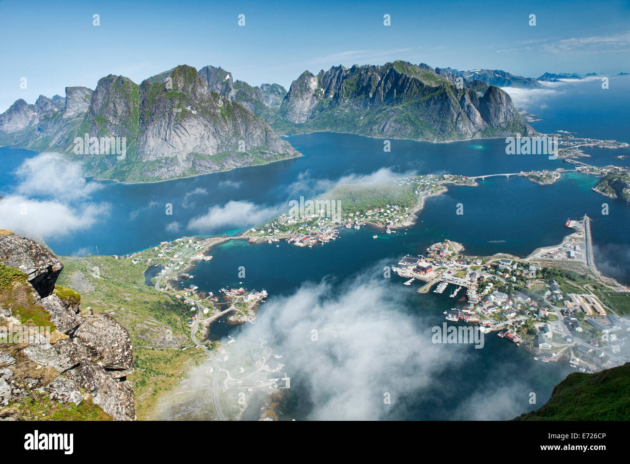 Aerial view over the village of Reine and fjords and mountains in the ...