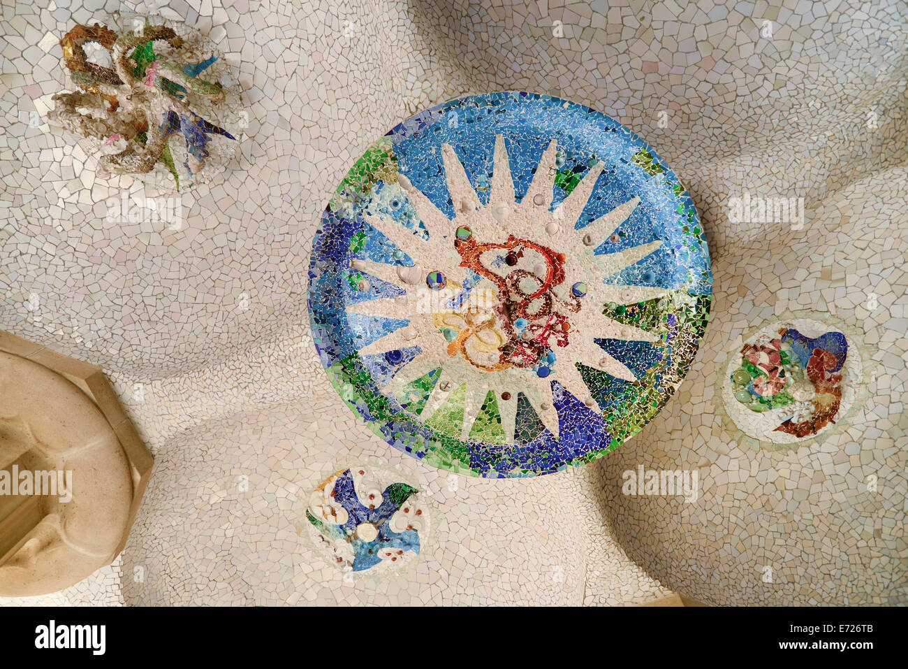 Spain, Catalonia, Barcelona, Parc Guell by Antoni Gaudi ceiling Mosaic ...