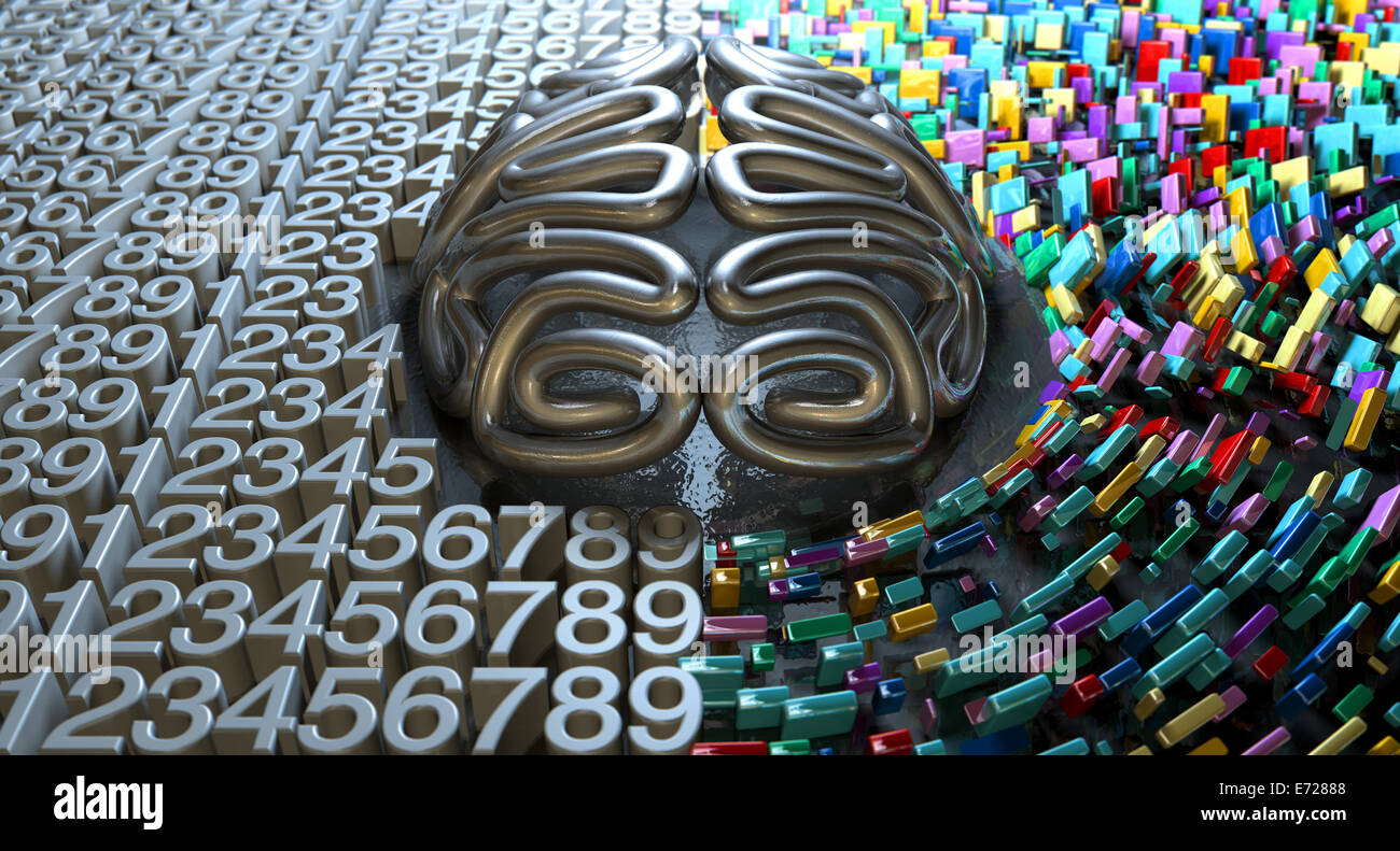 A stylized metal casting depicting a brain with the left side depicting ...