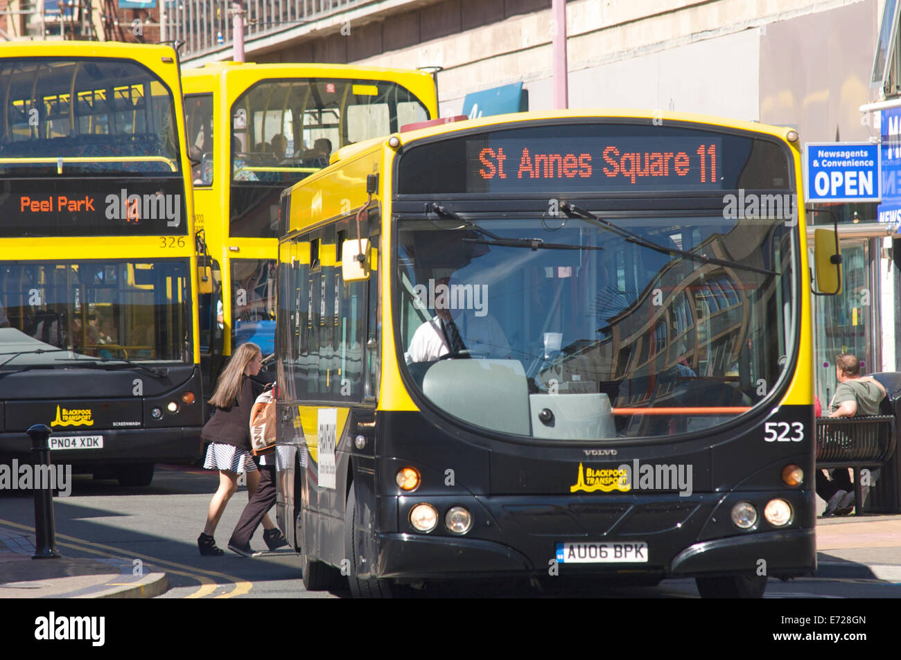 Blackpool buses leaving from the town centre Stock Photo - Alamy