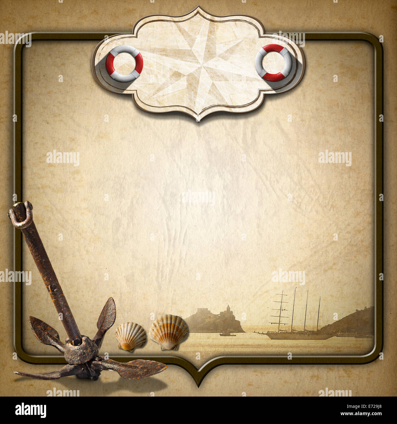 Old brown paper with empty label with compass rose and lifebuoys ...