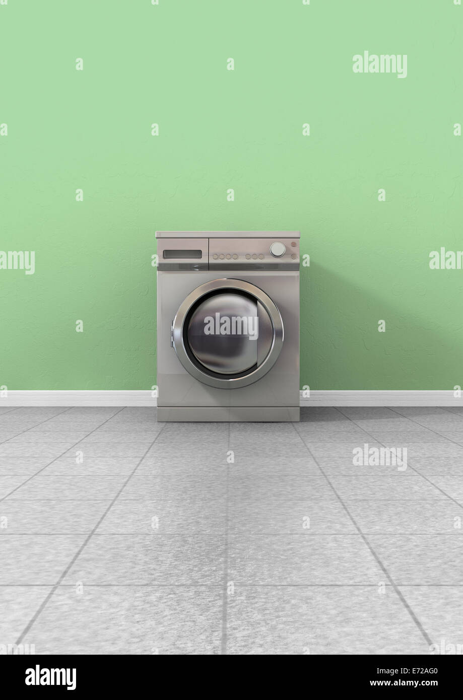 A front view of an empty regular brushed metal washing machine in an ...