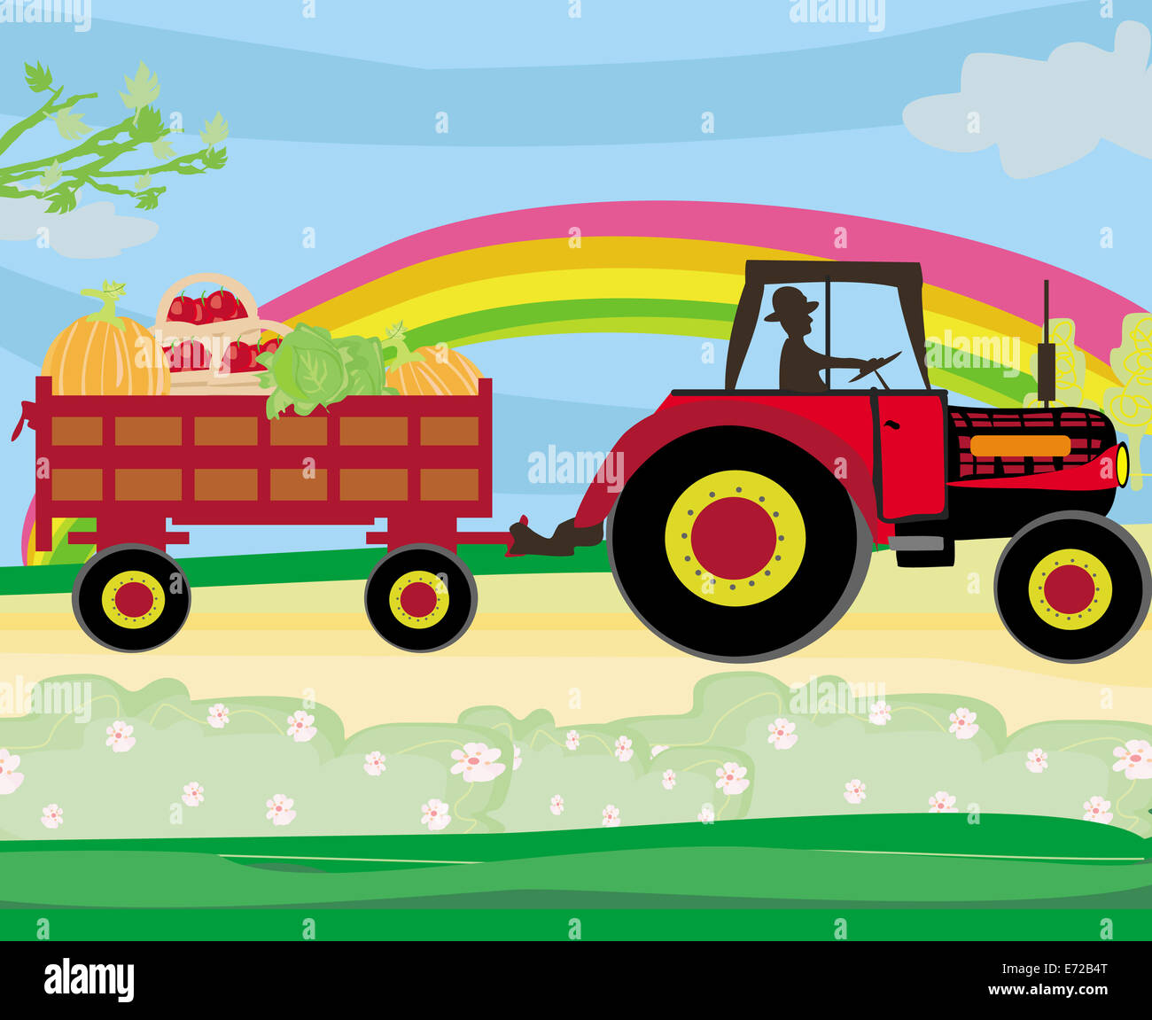 man driving a tractor with a trailer full of vegetables Stock Photo - Alamy