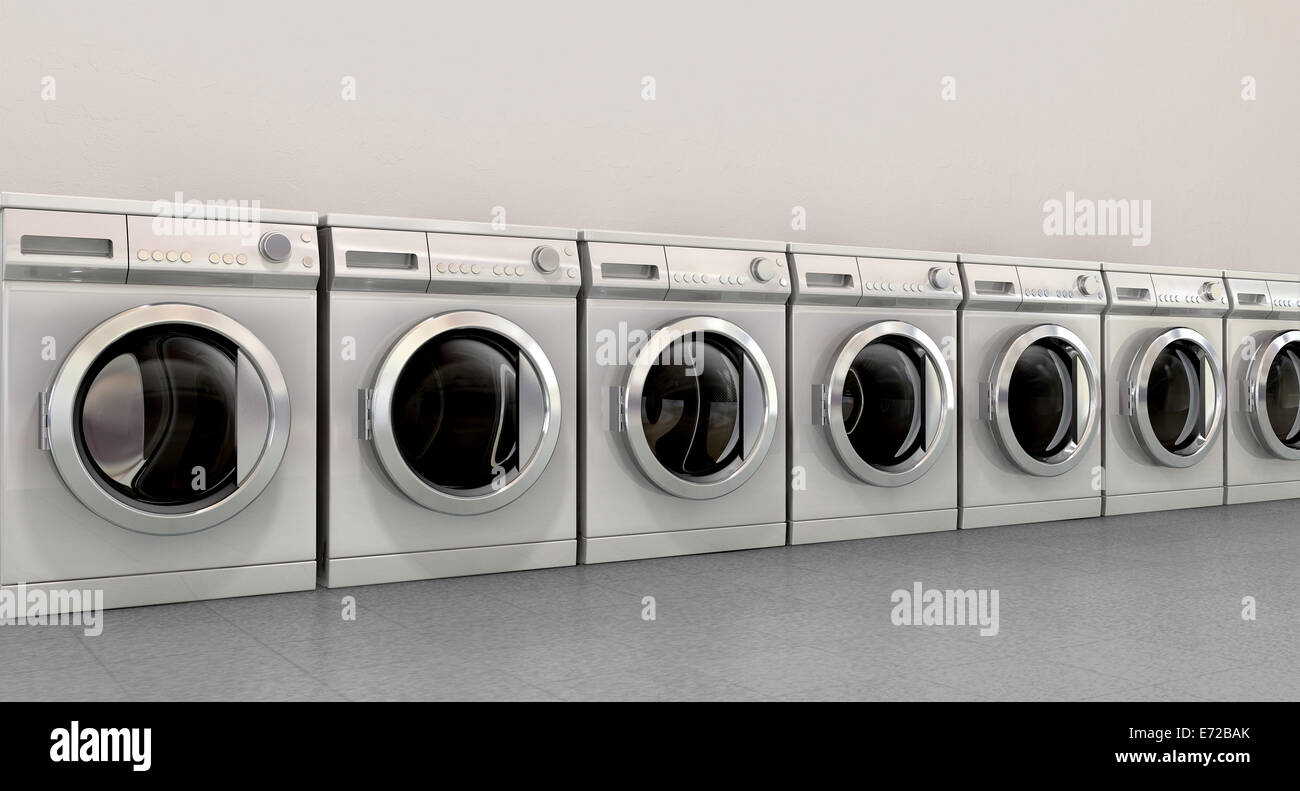 A perspective view of a row of empty regular brushed metal washing ...