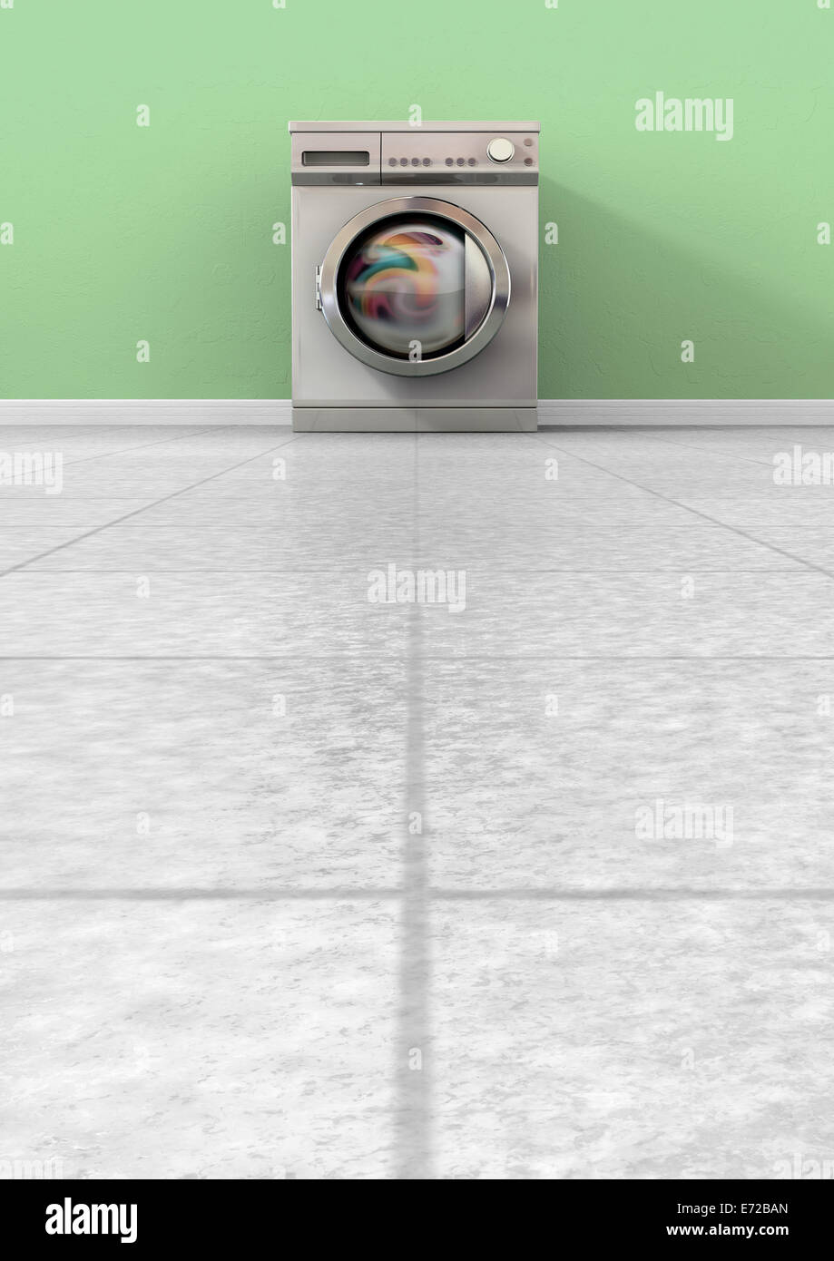 A front view of a regular brushed metal washing machine filled with ...