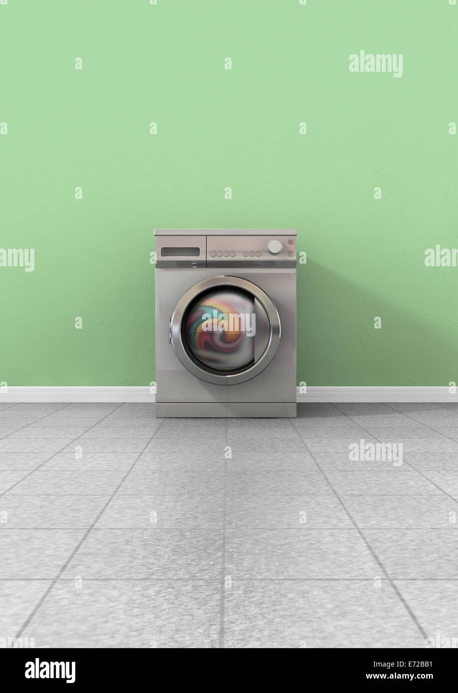 A front view of a regular brushed metal washing machine filled with ...