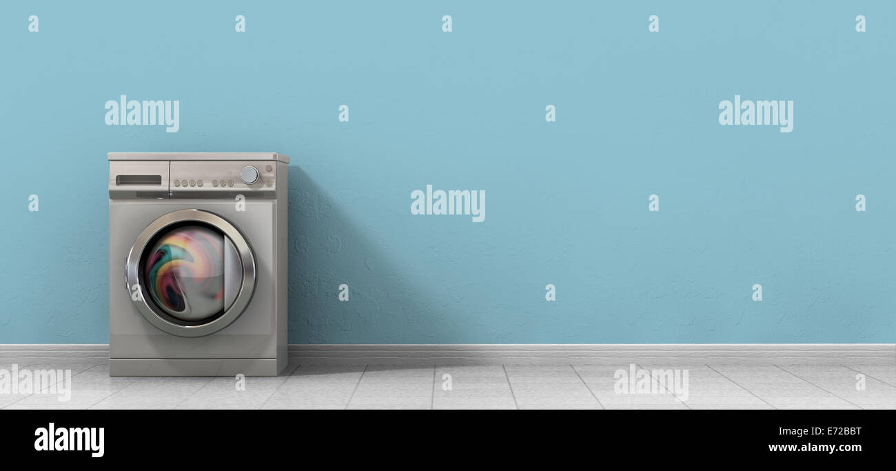 A front view of a regular brushed metal washing machine filled with ...