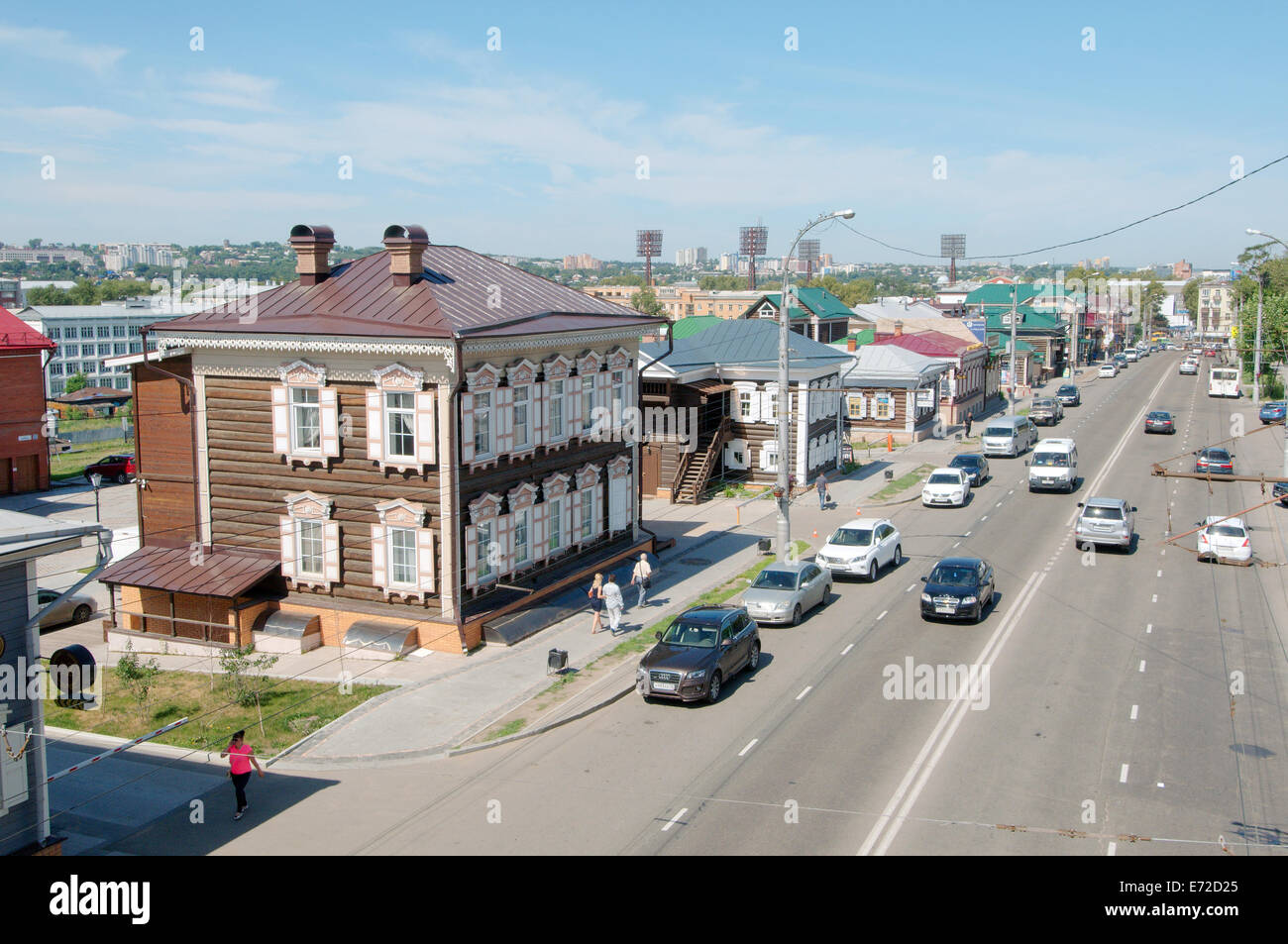 Wooden log house to historic city center of Irkutsk. Irkutsk settlement ...