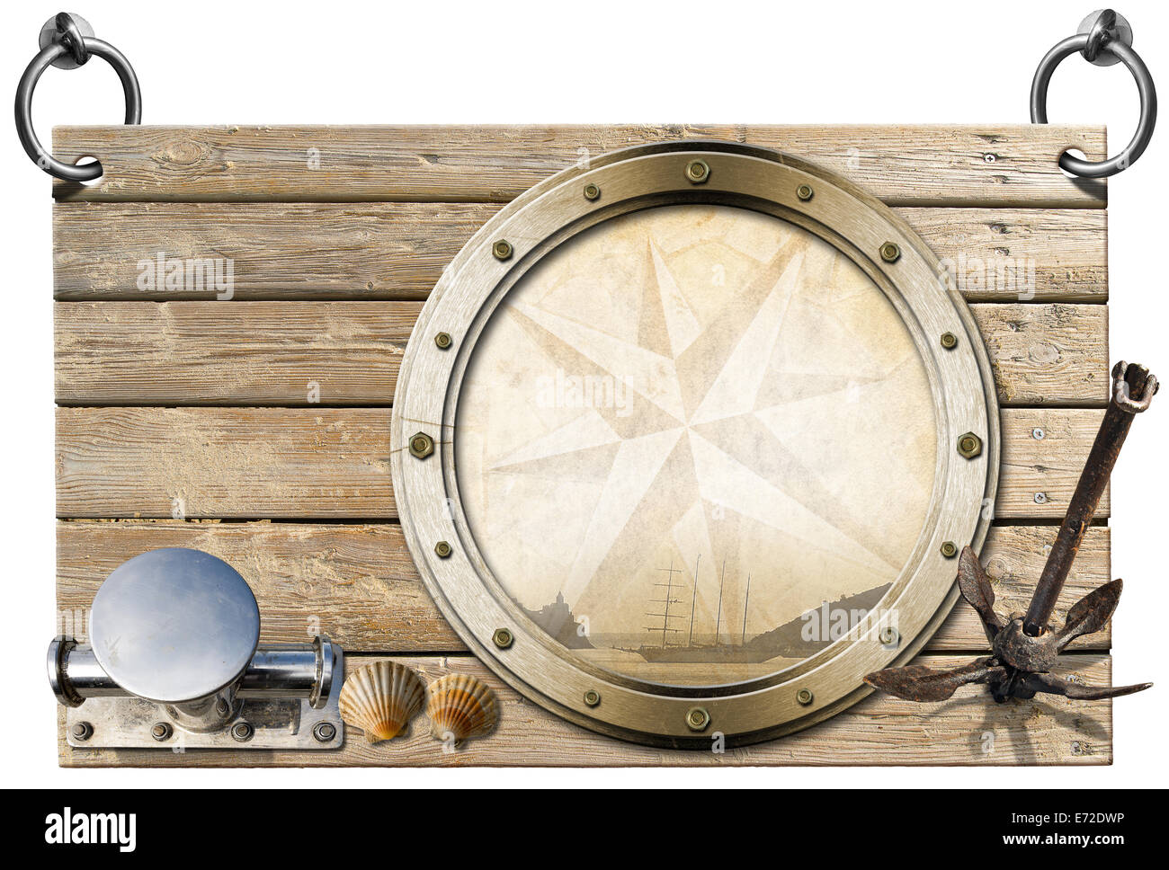 Wooden signboard with compass rose and sailing ship on a metal porthole ...