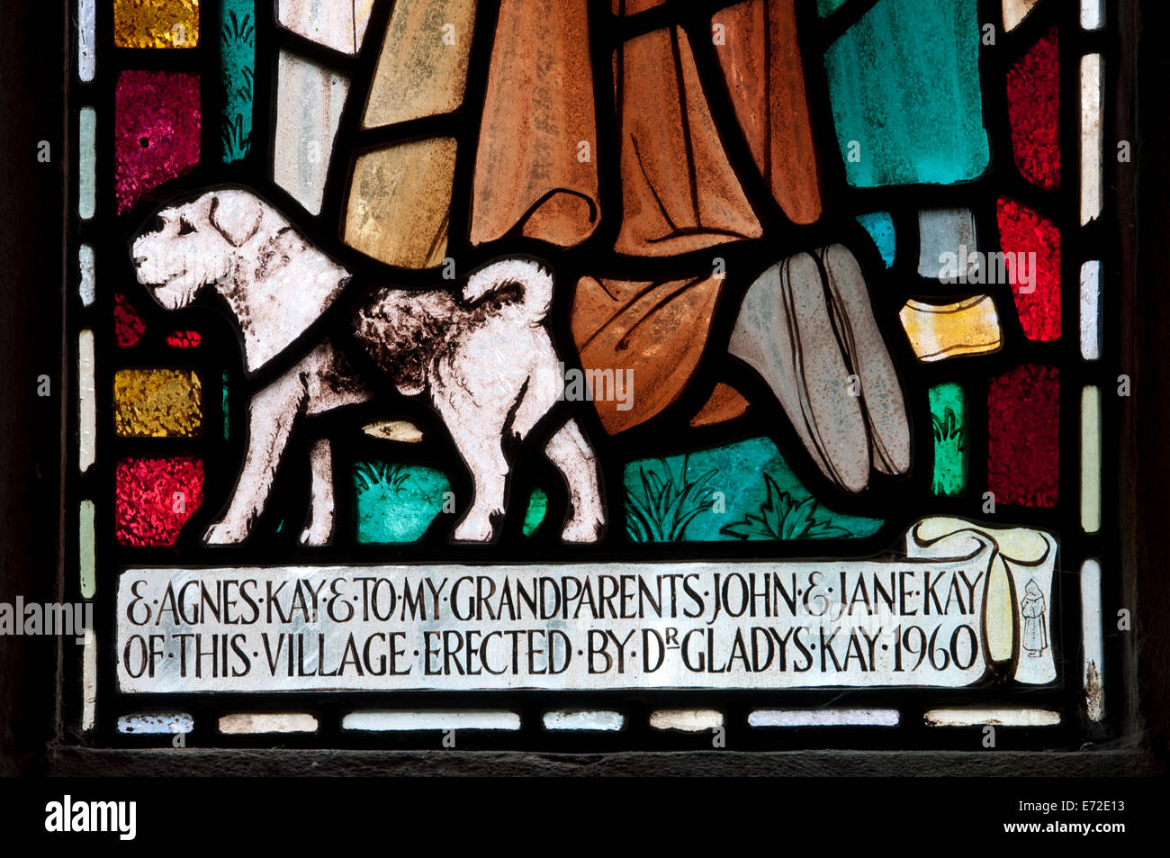 Stained glass detail of a dog, St. Mary`s Church, Salford, Oxfordshire ...