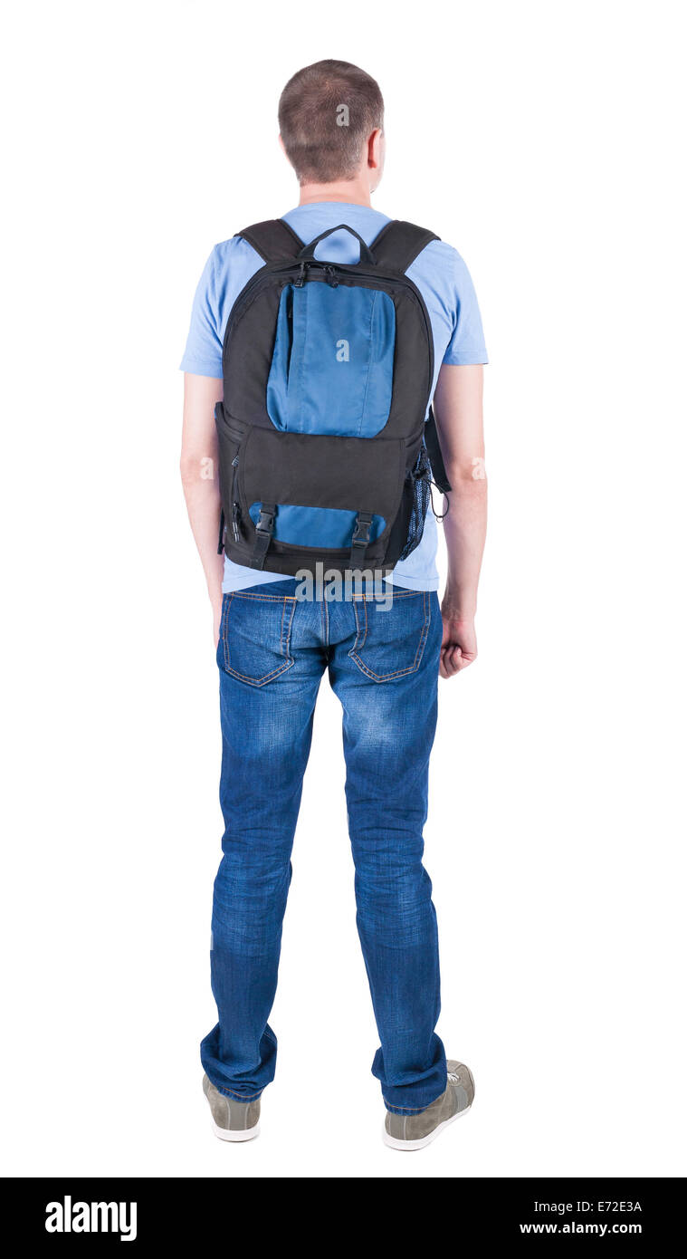 Back view of man with backpack looking up. Rear view people collection ...