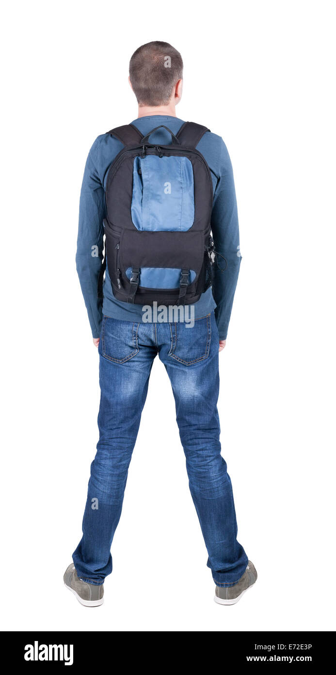 Back view of man with backpack looking up. Rear view people collection ...