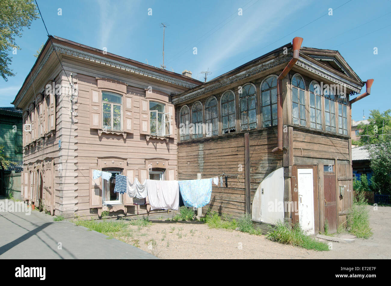 Wooden log house to historic city center of Irkutsk. Siberia, Russian ...